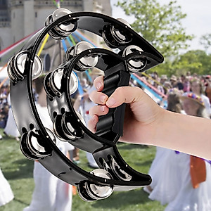 KOHAND 6 Packs 9 Inch Half Moon Tambourine, Double Row Tambourine, Handheld Tambourine with Ergonomic Handle, Plastic Musical Percussion Tambourines, Black, Blue, Magenta