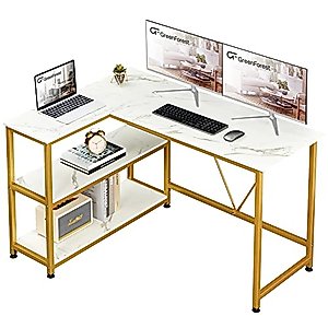 GreenForest L Shaped Desk 47 inch Small Size Corner Desk with Storage Shelf Writing Computer Desk Saving Space for Home Office PC Workstation Laptop Table, Marble