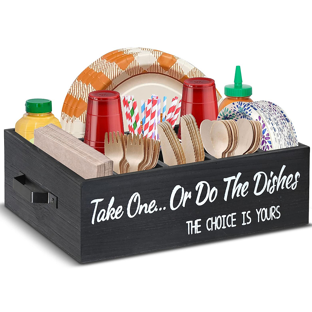 Kitchen Countertop Paper Plate Holders Utensil Caddy, Wood Utensil Holder Organizer for Plate Cup Fork Knives Spoon Napkin, Silverware Caddy Holder Condiment Caddy Organizer for Party Camping BBQ