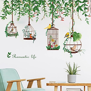Flower Vine Tree Branch Wall Decals with Birdcage, Colorful Birds Green Plants Wall Stickers, Flowers Flying Bird DIY Art Murals for Bedroom Living Room Kids Rooms Nursery Wall Décor