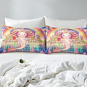 Feelyou Cartoon Axolotl Duvet Cover Ocean Animal Bedding Set for Kids Boys Girls Rainbow Castle Comforter Cover Cute Sea Animal Bedspread Cover with 1 Pillowcase 2Pcs Bedding Toddler,No Comforter