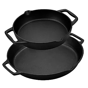 Sunnychicc 2 Pcs Cast Iron Skillets Set 12 Inch, 14 Inch Cast Iron Pan Pre Seasoned Wok Black Grilling Wok with Dual Handles and Double Pouring Spout