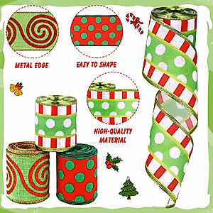 Yinder 3 Rolls Christmas Wired Ribbon Red and Lime Green Christmas Wrapping Ribbon 2.56 in Wide Polka Dot Swirl Fabric Xmas Decorative for DIY Crafts Tree Decorations