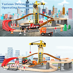 Giant bean 72PCS Tower Crane Wooden Train Set, Toy Battery Operated Train Track for Boys and Girls 3-7, Fit Thomas The Train, Brio, Melissa & Doug