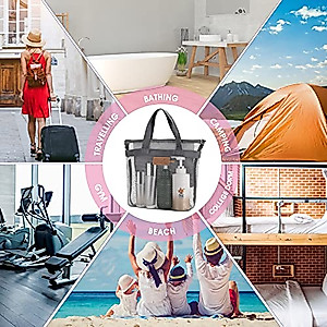 Grevosea Mesh Shower Caddy, Portable Shower Bag Quick Dry Shower Tote Bag with Zipper & 2 Pockets for College Dorms Gym Swimming Beach Travel Sports Games 10.6 * 7.8 Inch (Grey)