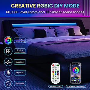 SHA CERLIN Wave-Like Curve Deluxe Upholstered Modern Bed Frame with LED Headboard/Mattress Foundation/No Box Spring Needed/Strong Wood Slats Support/Easy Assemble, Black, King