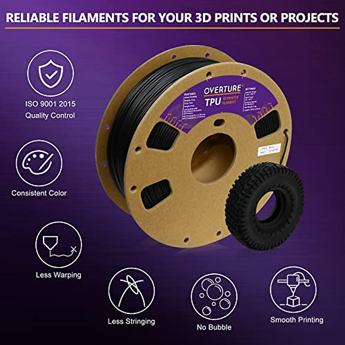 OVERTURE TPU Filament 1.75mm Flexible TPU Roll, Soft 3D Printer Consumables, 1kg Spool (2.2 lbs), Dimensional Accuracy +/- 0.03 mm (TPU Black)