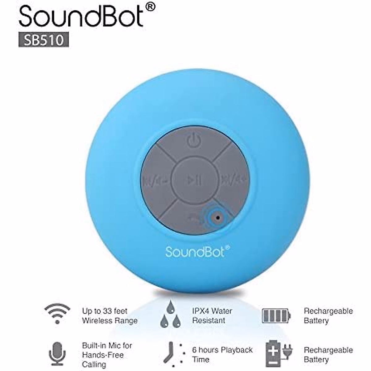 Soundbot SB510 Bluetooth Shower Speaker HD Water Resistant Bathroom Speakers, Handsfree Portable Speakerphone with Built-in Mic, 6hrs of Playtime, Control Buttons and Dedicated Suction Cup (Blue)