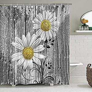 DuoBaorom 4 Pieces Set Daisy Shower Curtain Set Yellow and White Flower Rustic Wood Art on Non-Slip Rugs Toilet Lid Cover Bath Mat and Bathroom Curtain with 12 Hooks 72x72inch