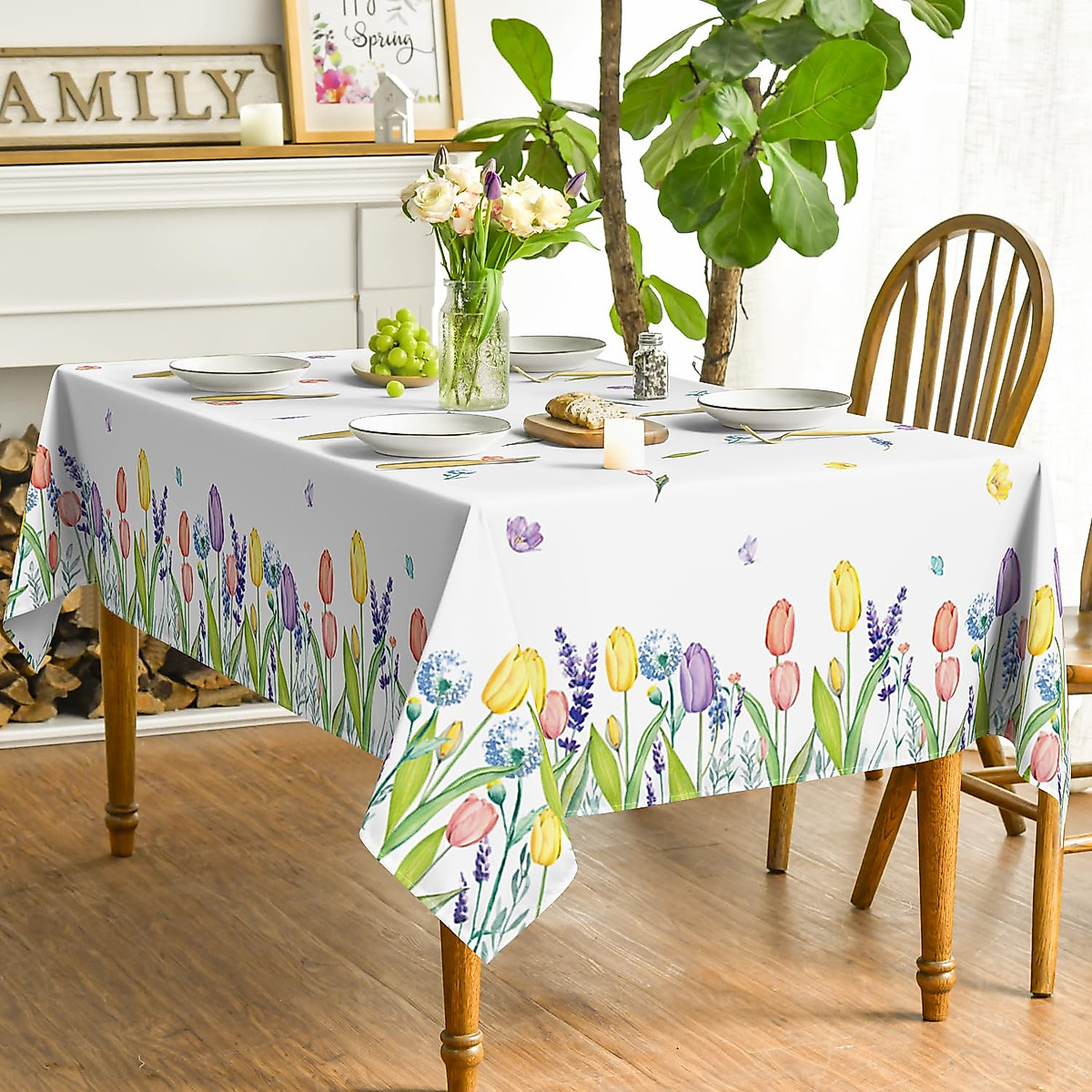 Horaldaily Spring Summer Tablecloth 60x84 Inch, Easter Watercolor Wild Flowers Tulip Lavender Blooming Floral Table Cover for Party Picnic Dinner Decor