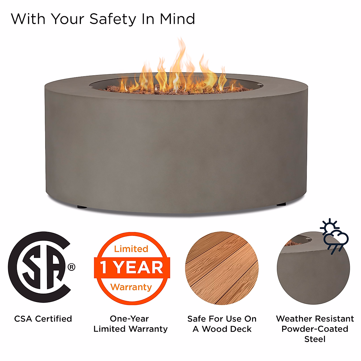 Real Flame Aegean Round Propane Fire Table for Outdoors in Mist Gray with Natural Gas Conversion Kit, Lid and Storage Cover - Durable Gray Fire Pit