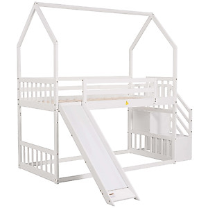 LostCat Twin Over Twin Bunk Bed with Convertible Slide, House Shaped Pine Bunk Bed with Safety Guardrail, Ladder& Storage Staircase, No Box Spring Needed, Suitable for Girls Boys White