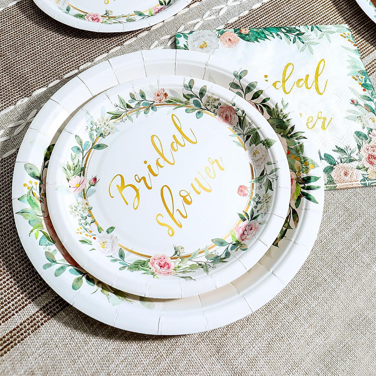 QIFU Bridal Shower Decorations Party Tableware - Pink and Gold Floral Paper Plates,Dessert Plates,Napkins and Forks Sets for 24 Guests, Celebrate the Bride-to-be Bachelorette Party Supplies