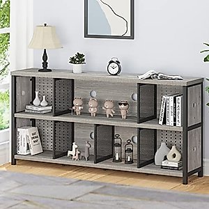 LVB Industrial 4 5 6 7 8 Cube Bookcase, Rustic Wood Metal Horizontal Bookshelf, Modern Wide Cube Organizer Storage Shelf, Large Long Low Book Shelf for Office Bedroom Living Room, Light Grey Oak 63 In