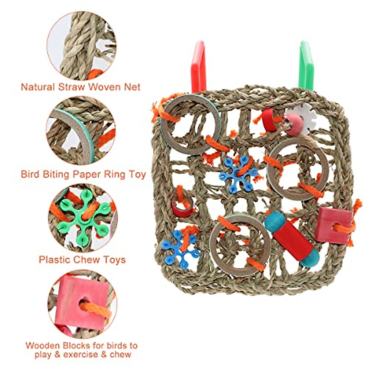 Wontee Bird Climbing Net Parrot Straw Braid Rope Hanging Foraging Wall for Parakeet Cockatiel Budgie Lovebird Cage Swing Toy