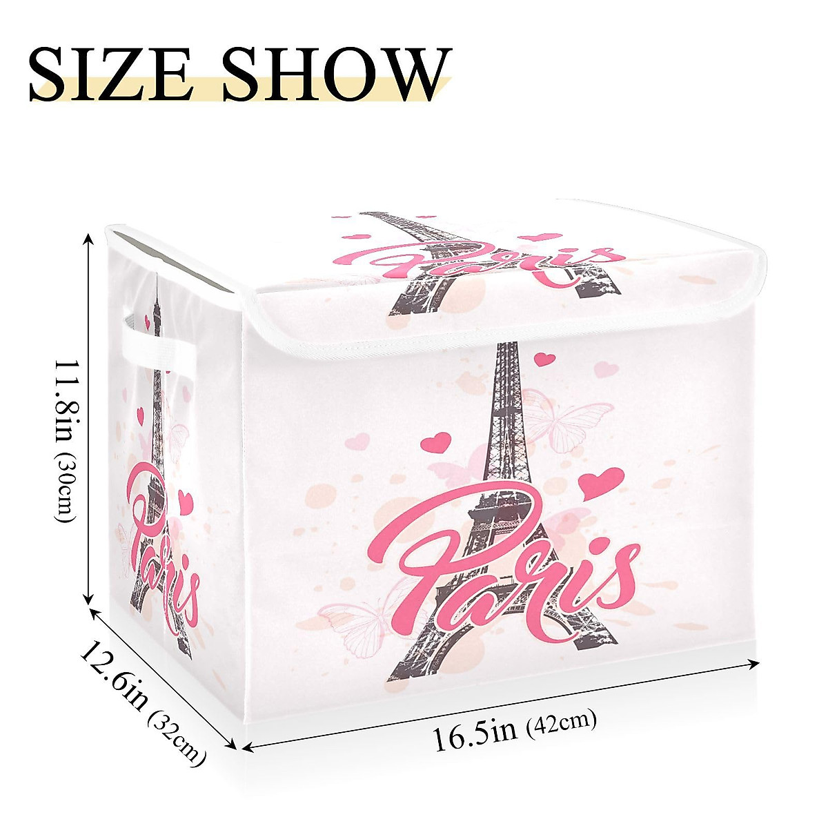 SUABO Paris Eiffel Tower Storage Bin with Lid, Pink Large Oxford Cloth Butterfly Love Storage Boxes Foldable Home Cube Baskets Closet Organizers for Nursery Bedroom Office