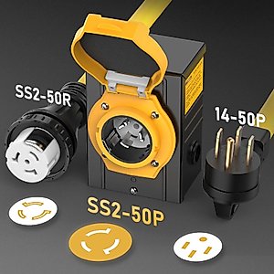 TOOLIOM 50 Amp Generator Cord 25FT and 50 Amp Generator Inlet Box, NEMA 14-50P/SS2-50R Twist Lock, 125/250V 12500W 6/3+8/1 AWG STW Generator Power Cord, Pre-Drilled Generator Inlet Box, UL&ETL Listed