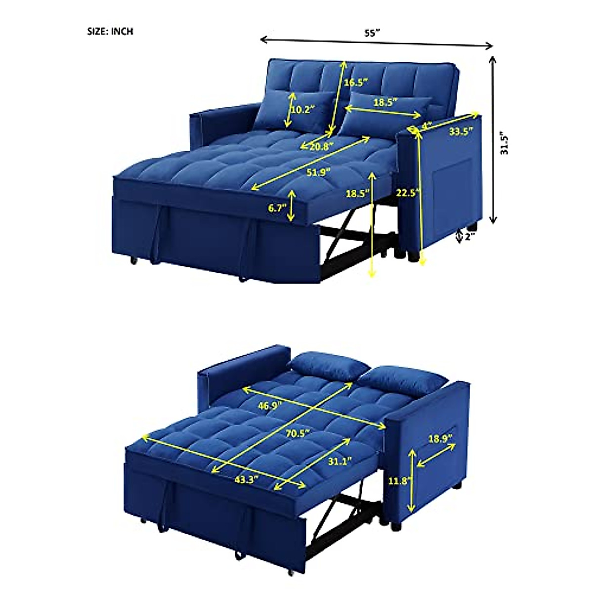 Holaki Convertible Velvet Sleeper Sofa Bed, 55.2" Velvet Loveseat Sofa Modern Pull Out Sofa Bed Lounge Chaise Armchair with Adjustable Backrest,2 Lumbar Pillows,Small Couch for Home Office(Blue)