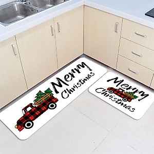 Christmas Kitchen Rug Set 2 Pieces White Cushioned Kitchen Floor Mats Comfort Soft Standing Doormat, Non Slip Kitchen Rugs and Runner Merry Christmas Tree Red and Black Check Lattice Truck