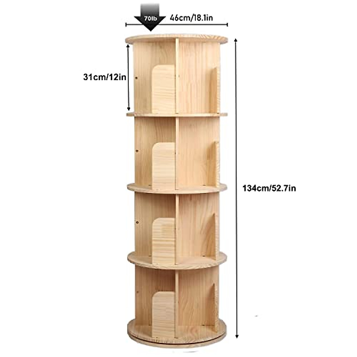 MYOYAY 4-Tier Solid Wood Bookshelf Floor Standing Bookcase 360° Rotation Book Storage Cabinet Magazines Potted Plants Display Stand Holds Up to 200 Books Study Office Home Decoration