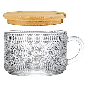 Newpow Vintage Coffee Mugs Set of 4, Glass Cups Overnight Oats Containers with Bamboo Lids and Spoons, Cute Coffee Bar Accessories, Iced Coffee Glasses - Clear 13oz