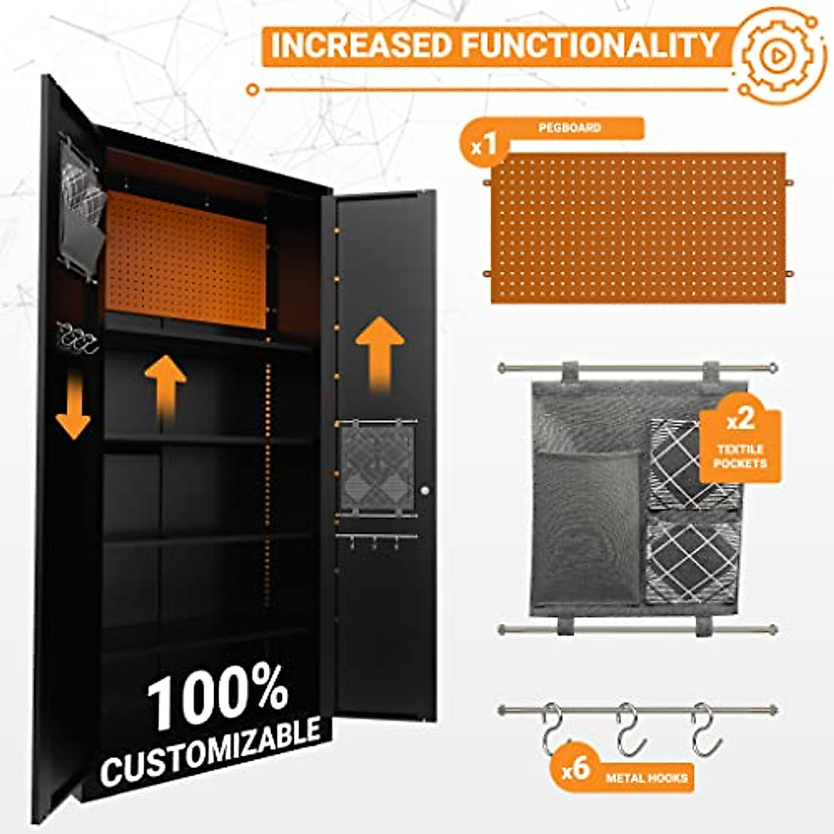 METALTIGER Metal Storage Cabinet - Digital Lock Multifunctional Garage Storage Cabinet with Doors, Adjustable Shelf Height and Leg Levelers, Includes Pegboard and Accessories (Black)