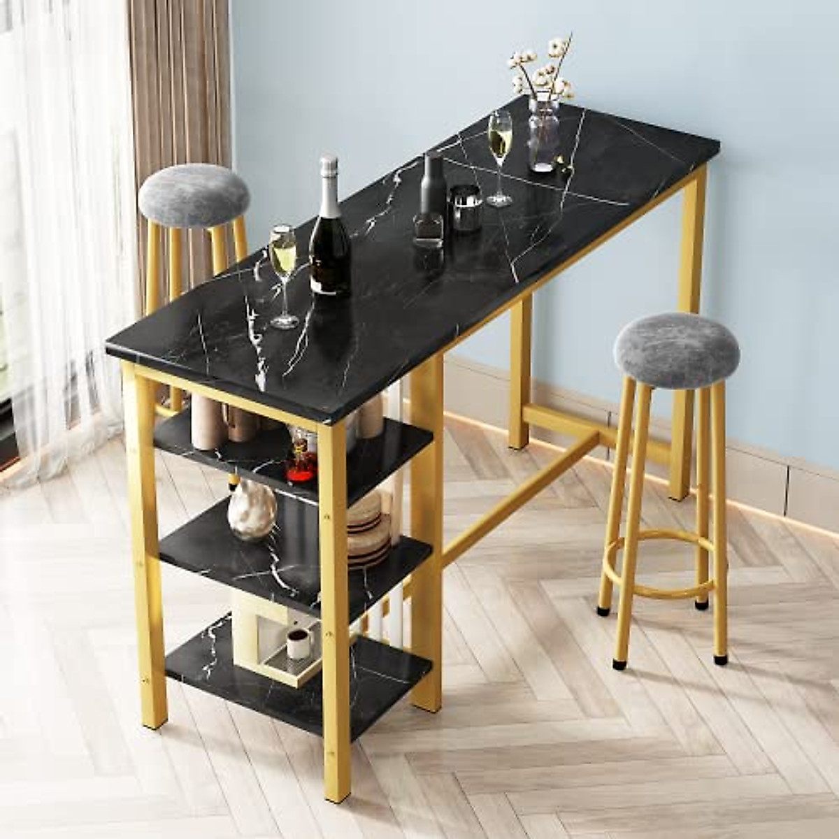 AWQM Bar Table Set with Storage Shelves, 47" Modern Black Faux Marble Breakfast Table with 2 Velvet Stools, 3-Piece Dining Set for 2, Space Saving Table for Kitchen/Dinning Room/Living Room/Studio