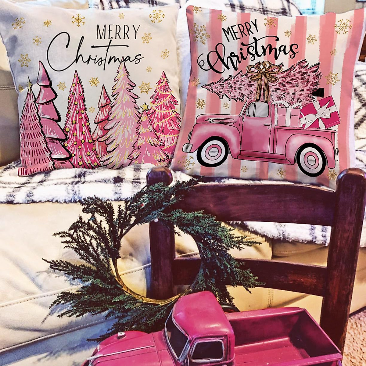 CARRIE HOME Pink Christmas Decor Pink Christmas Truck Tree Pillow Covers 18x18 Set of 2 Merry Christmas Outdoor Throw Pillows 18 x 18 for Porch and Couch (No Pillow Inserts)