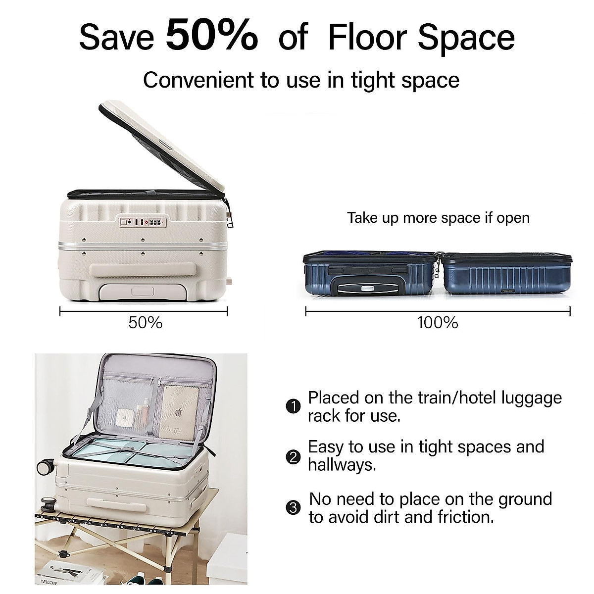 Hanke Carry On Luggage, Suitcase with Wheels & Front Opening, 20in Spinner Luggage Built in TSA Aluminum Frame PC Hardside Rolling Suitcases Travel Bag - Ivory white
