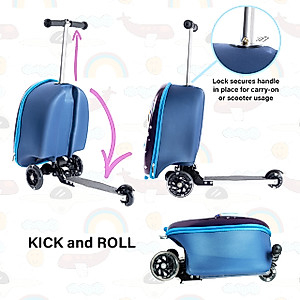 KIDDIETOTES 3-D Hardshell Ride On Suitcase Scooter for Kids -Cute Lightweight Kids Luggage with Wheels - Fun LED Lights