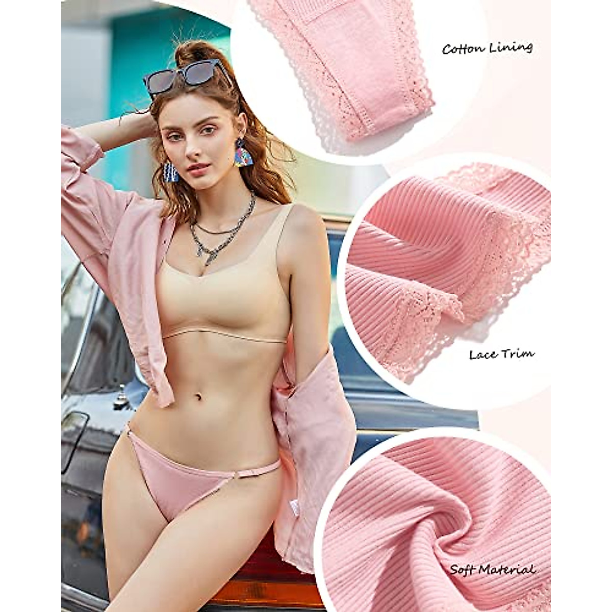 FINETOO Adjustable G String Thongs for Women Cotton Underwear Low Rise T-back Sexy Tangas Lace Trim Breathable 6 Pack S-XL