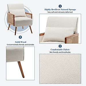 Mid Century Rattan Accent Chair Set of 2, Wooden Upholstered Leisure Armchair with Rattan Armrest, Modern Comfy Reading Accent Chair, for Living Room Bedroom Lounge Side Boho Club Chair, Beige