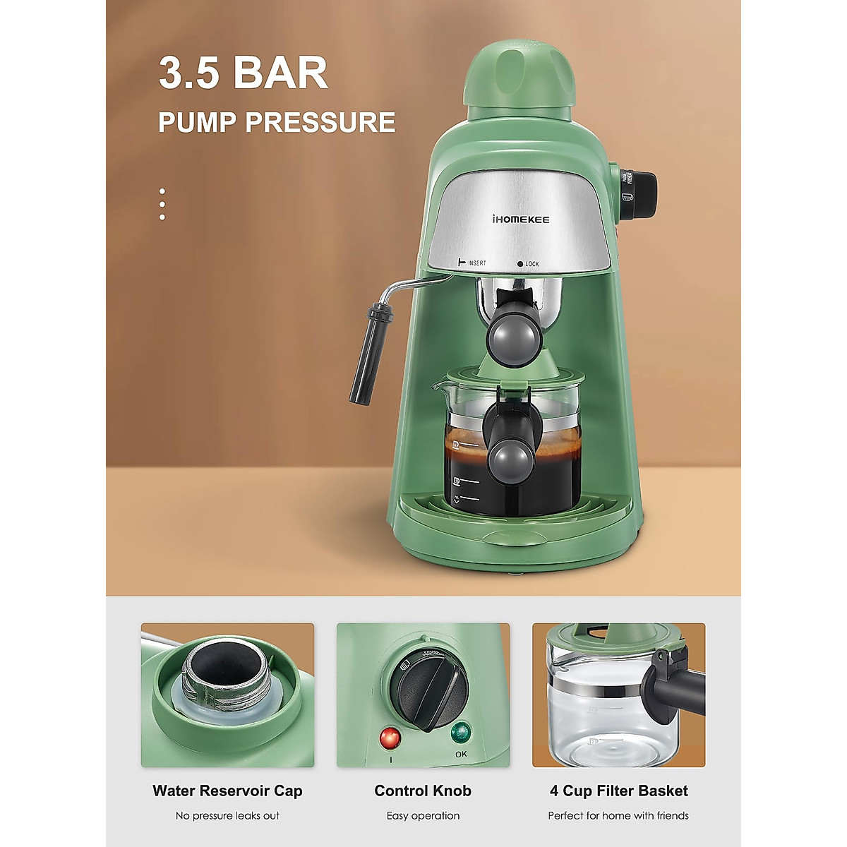 Ihomekee Espresso Machine, 3.5Bar Espresso and Cappuccino Machine with Fast Heating Function, 1-4 Cups Coffee Maker with Milk Frothing Function and Steam Wand (Green)