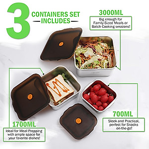 Stainless Steel Food Storage Containers With Lids | Snack Containers for Kids, Freezer Safe, Microwave Safe | 304 Metal Containers For Meal Prep, Leftovers, Freezer - Set of 3 (24oz, 57oz, 100oz)