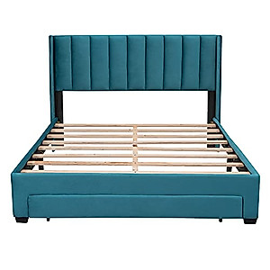 Prohon Queen Bed Frame with Wingback Headboard and A Big Storage Drawers on Endbed, Velvet Upholstered Platform Bed w/Wood Slats Support Mattress Foundation,No Box Spring Needed,Easy to Install,Blue