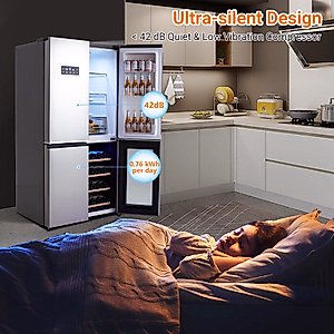 GarveeHome 21 Cu.Ft French Door Refrigerator, 4 Door Counter Depth Stainless Steel Refrigerators, Multifunctional Fridges with Freezer, Refresh, and Wine Cooler for Kitchen, Bedroom, Office, Dorm