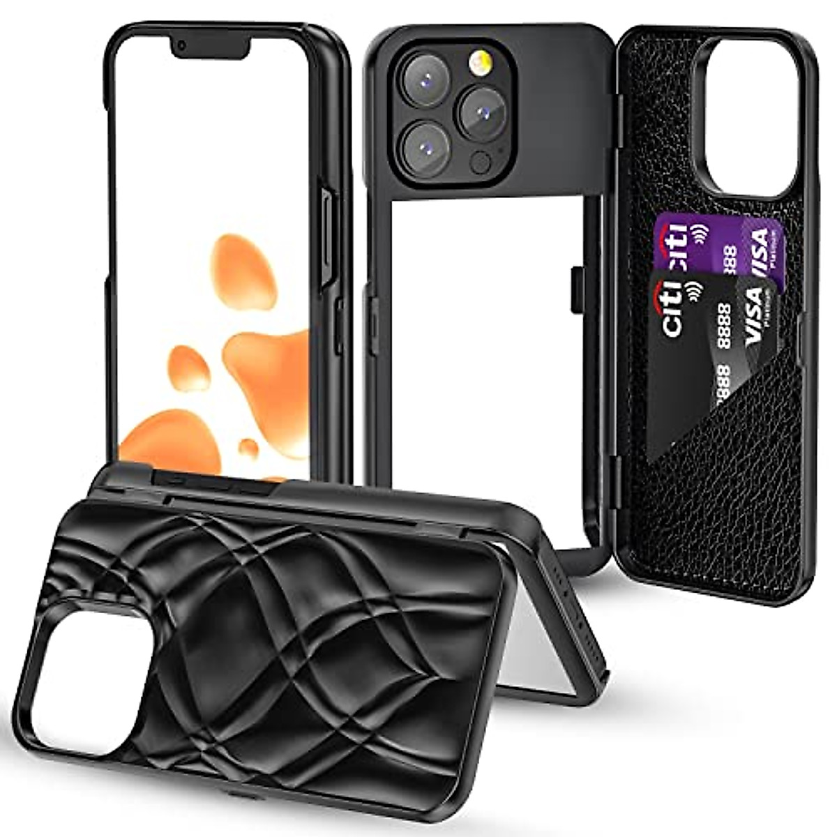 W7ETBEN iPhone 14 Pro Max Wallet Case, iPhone 14 Pro Max Case with Kickstand Built-in Mirror Shockproof Card Holder Cover for Apple iPhone 14 Pro Max 6.7" (Black)