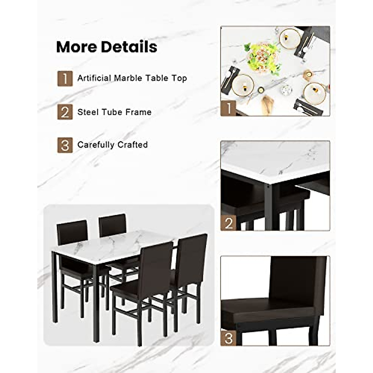 Recaceik Dining Table Set for 4, Kitchen Table and Chairs Set with Faux Marble Tabletop & 4 Leather Upholstered Chairs for Kitchen Dining Room, Compact Space, Dinette Set, White+Brown