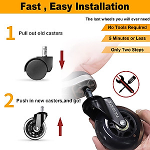 Fulgente Office Chair Caster Wheels(Set of 5), Heavy Duty Protection for Hardwood & Tile Floors Without Mat, Replacement Rubber Chair Casters Universal Fit 7/16 inch -Quick & Quiet Rolling Over Cables