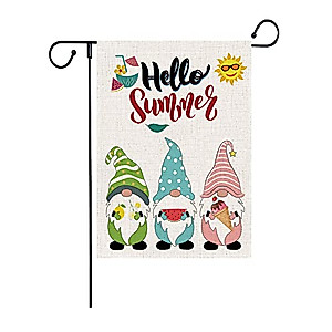 Hello Summer Garden Flags, Welcome Gnomes Buffalo Plaid Vertical Double Sized Burlap Flag for House Yard Outdoor Decor 12.5 x 18 Inch (Multi)