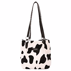 VALICLUD Women Milk Cow Print Clutch Handbag Cow Shoulder Bag Plush Faux Fur Tote Bag Bucket