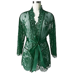 Qopobobo Women Lingerie Naughty Sexy Plus Women's Lace Kimono Robe Long Sleeve Lingerie Mesh Nightgown Dress with Belt