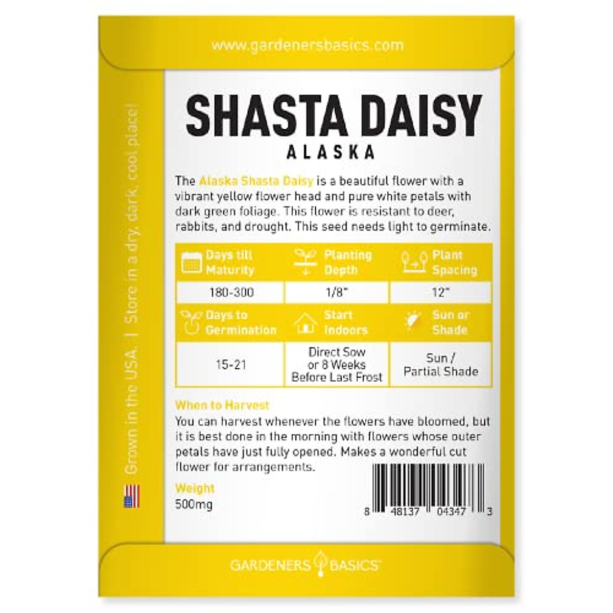 White Shasta Daisy Flower Seeds for Planting (Alaska, Chrysanthemum Maximum) Perennial Heirloom, Non-GMO Flowers Seed Variety- 500mg Seeds Great for Summer Cut Flower Gardens by Gardeners Basics