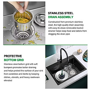 OUGOO Kitchen Sink, 22 x 18 Drop in Sink, 9" Deep Single Bowl Kitchen Sinks, 304 Stainless Steel Topmount Kitchen Sink with Strainer & Bottom Grid, Black