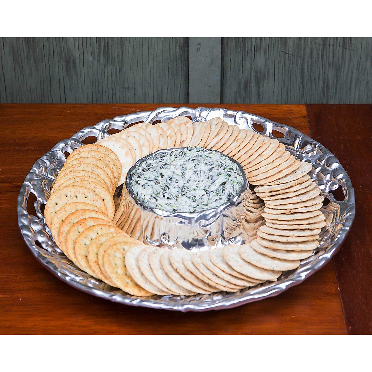 Arthur Court Designs Metal Grape Chip and Dip Platter in Grape Pattern Sand Casted in Aluminum with Artisan Quality Hand Polished Designer Tarnish-Free 14 inch Diameter