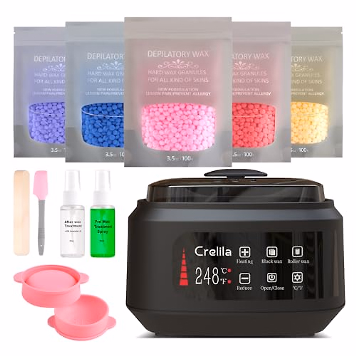 Crelila Waxing Kit-Digital Wax Melt Warmer Kit-inculd 17.5oz Hard Wax Beads+Silicone Liner+Wax Oil-Hair Removal Wax Kit At Home For body-Bikini-Legs-Face-Brazilian Wax Kit For Women&Men
