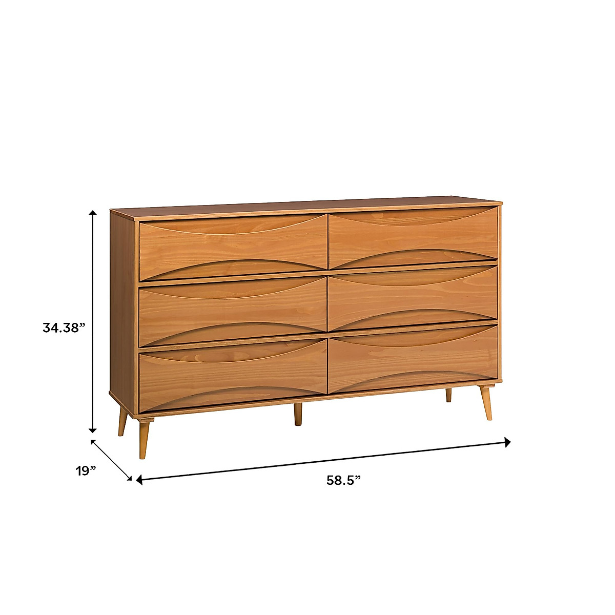 Walker Edison Lowry Mid-Century Modern Detailed-Drawer Solid Wood Dresser, 59 Inch, Caramel