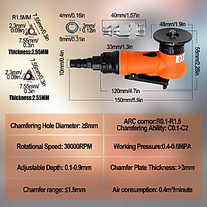 2 in 1 Mini Pneumatic Chamfering Machine, 45° Arc Corner Beveling Trimming Deburring Machine 30000RPM Handheld Chamfering Air Chamfer Tool with 1/4 Inch Air Inlet (C&R Angle Blades,Orange)