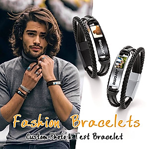 U7 Fathers Gift Bracelet with Picture Side, Braided Black Leather Cuff Bracelet Personalized Photo Printing Custom Engraved Bar Layered Wrap Bracelets for Men Women