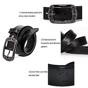 IWFTC Womens Leather Belts Thick Belt Women for Plus Size Leather Belts Womens Black and Buckle Western Jeans Womens Leather Belts Jeans Black Cowgirl Butterfly Embossed Belt (Blown, 100cm)
